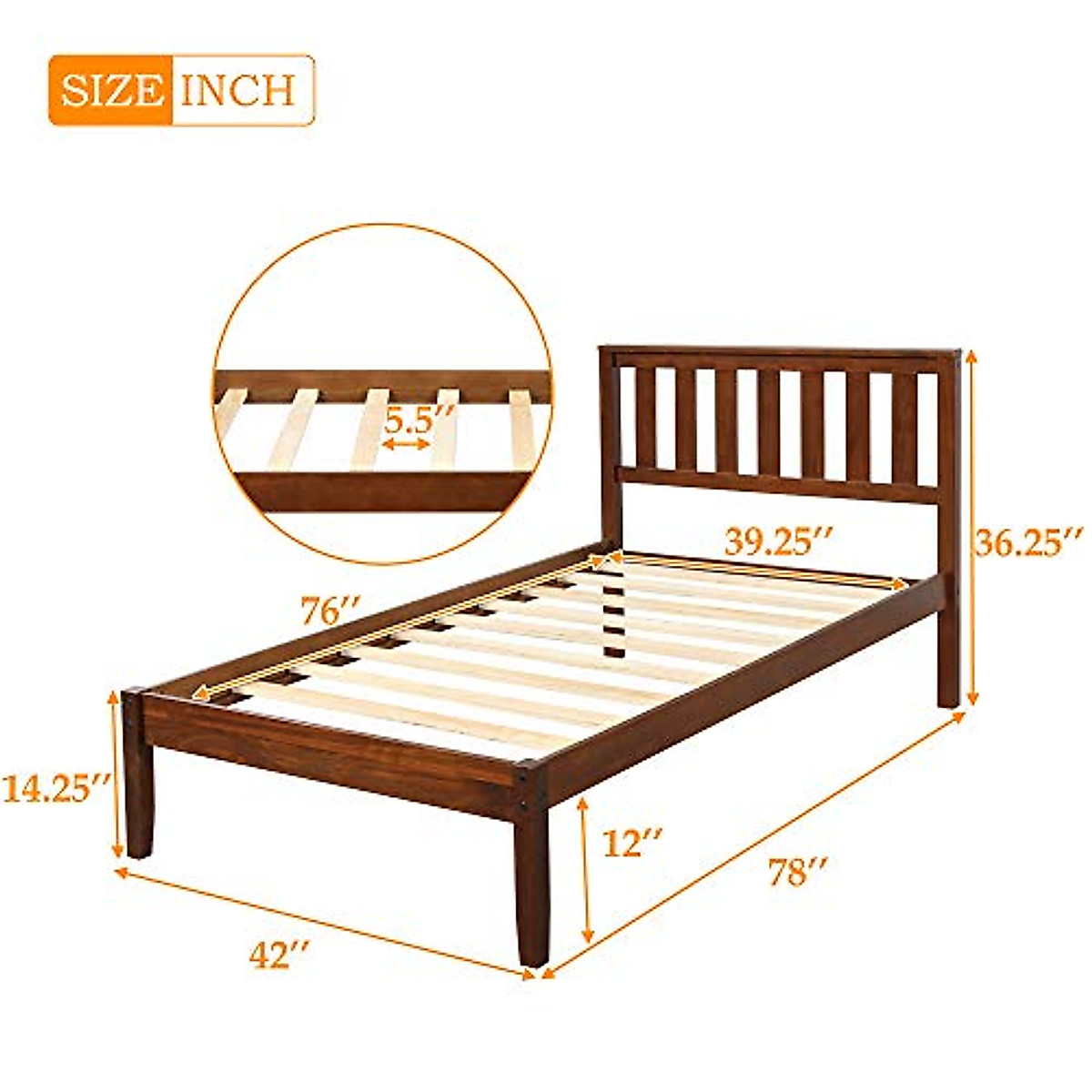 SOFTSEA Twin Bed Frame with Headboard, Farmhouse Kid's Platform Bed Frame with Wood Slat Support, Walnut