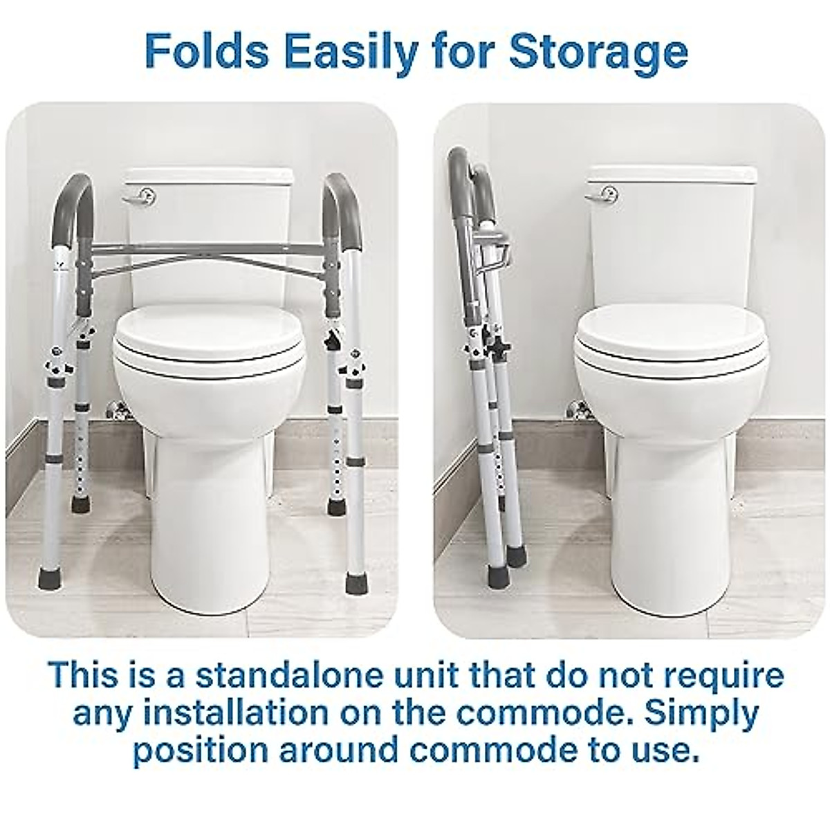 Vaunn Deluxe Folding Safety Toilet Rail, Adjustable and Foldable Toilet Safety Frame, Bathroom Handrail Assist Grab Bar Handle, Gray