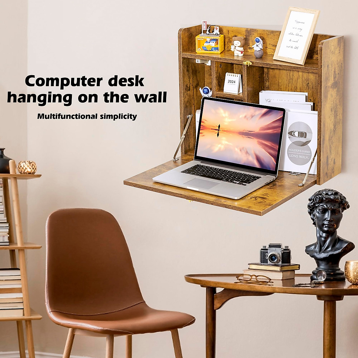 Zvyteay Wall-Mounted Desk Folding Wall Desk Floating Table Wall Mounted Laptop Desk Space Saving Wall Mounted Table with Storage Shelves for Home Office (Rustic Brown)