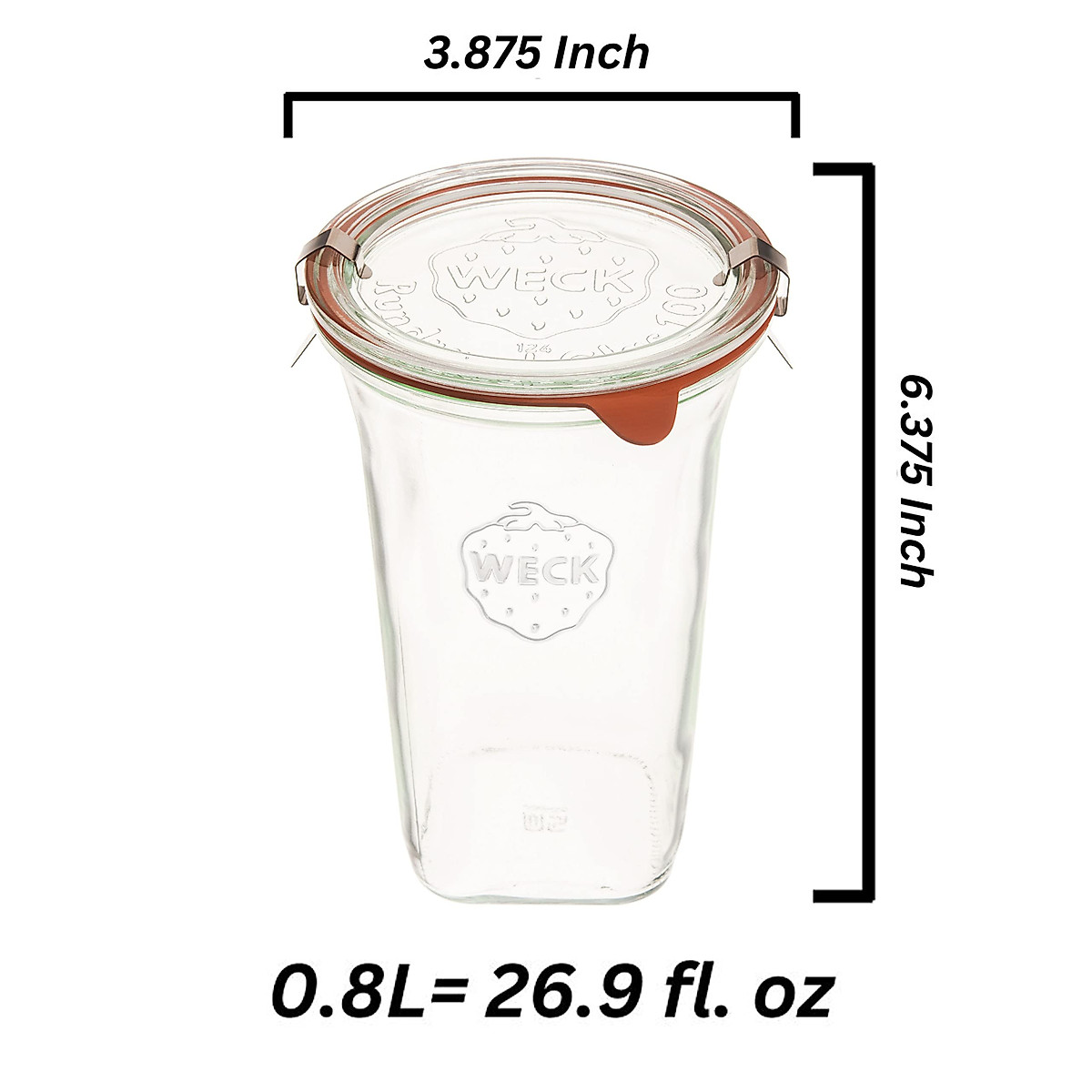Weck Jars Large Quadro 769-26.9 fl. Oz | Jars Made of Transparent Glass | Eco-Friendly Canning Jar | Food Storage Containers with Airtight Lids | Made in Germany, Rust-Proof & BPA-Free (Pack of 2)