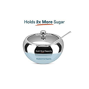 KooK Large Stainless Steel Sugar Bowl with Lid and Spoon, Serving Dish, Clear Glass Lid, Storage for Salt, Candy, Coffee, Holds 2 Cups, Dishwasher Safe, 16 oz (Stainless Steel)