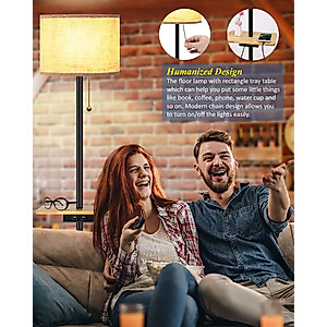 lifeholder Floor Lamp, Modern Floor Lamp with Dual USB Ports & Rectangle Tray Table, LED Floor Lamp with Line Fabric Shade & Pull Chain, Idea for Bedroom, Living Room or Office