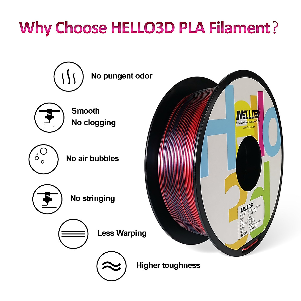 HELLO3D PLA 3D Printing Filament 1.75mm Dual Color Silk Filament,Silk Shiny Red Black 2 Colors in 1 Coextrusion 3D Printer Filament 1KG 1.75mm 3D Printing Material with Bicolor Dichromatic 2 Colors