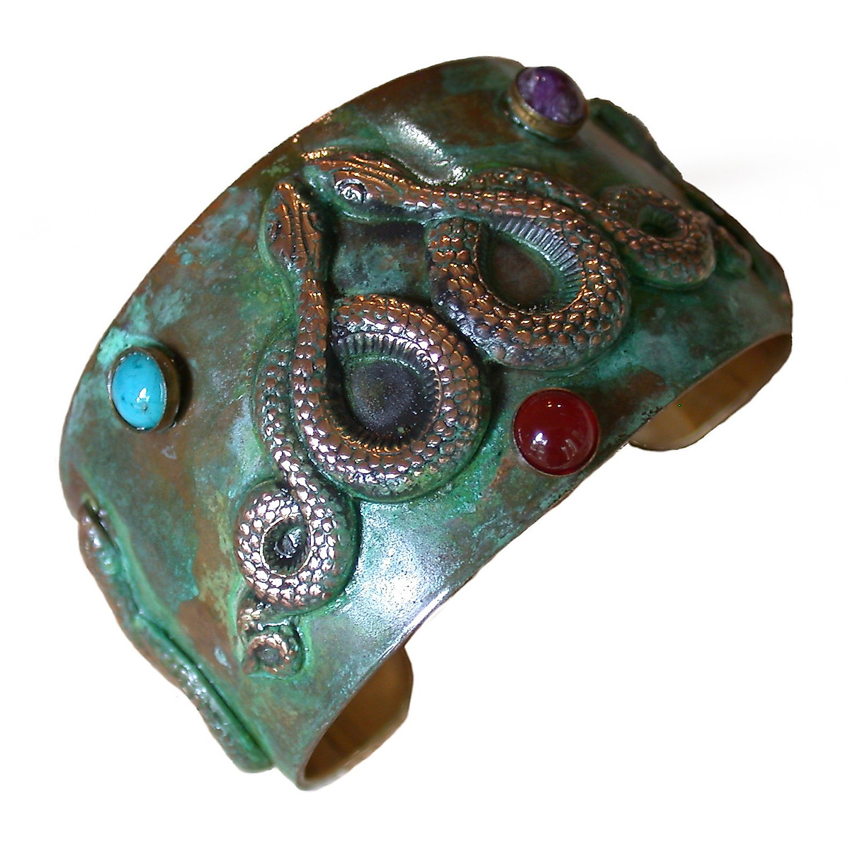 Elaine Coyne Collectible Artwear Egyptian Serpents Cuff Bracelet - Carnelian, Charoite, Turquoise - USA Made