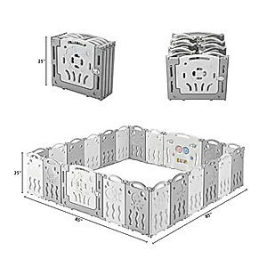 Albott Baby Playpen, Upgraded 22 Panels Foldable Baby Fence with Game Panel and Safety Gate, Adjustable Shape, Portable Baby Play Yards for Children Toddlers Indoors or Outdoors (White+Grey, 22 Panel)