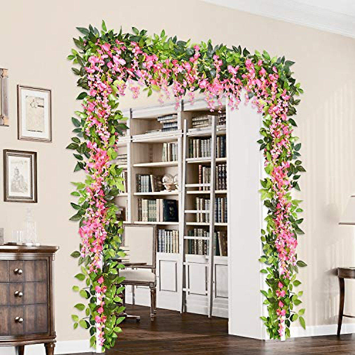 Artflower 4 Pcs Artificial Flowers Wisteria Garland Silk Wisteria Vine Rattan Hanging Flower Greenery Garland with Ivy Leaves for Home Garden Outdoor Wedding Arch Floral Decor, 6.6 Feet (Pink)