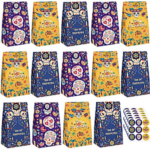 VGOODALL 54PCS Halloween Party Favor Bags, Day of the Dead Treat Bags Paper Candy Bags Goodie Bags with Stickers for Party Favor Supplies 3 Designs