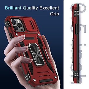 DEERLAMN for iPhone 13 Pro Max Case with Slide Camera Cover+Screen Protector(1 Pack),Rotated Ring Kickstand Military Grade Shockproof Protective Cover 6.7 Inch-Red