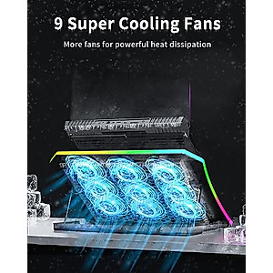 KeiBn Upgraded Gaming Laptop Cooler Pad with 9 Quiet RGB Fans, Cooling Pad for 15.6-17.3 Inch Laptops with 7 Height Stands, 2 USB Ports, Phone Stand-Blue