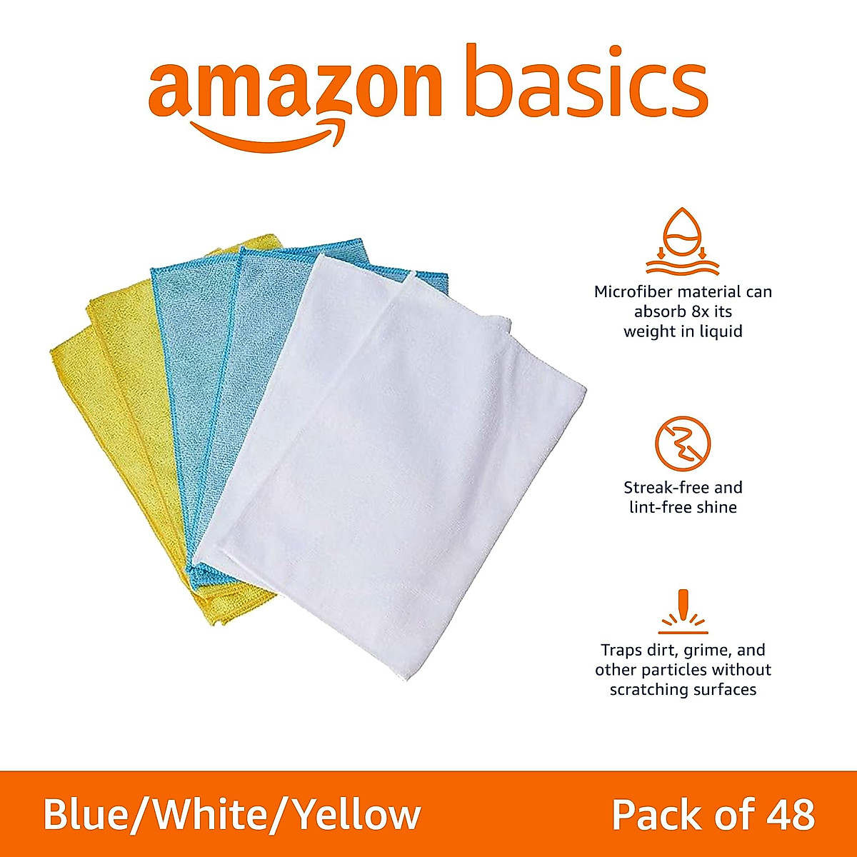 Amazon Basics Microfiber Cleaning Cloths, Non-Abrasive, Reusable and Washable, Pack of 48, Blue/White/Yellow, 16" x 12"