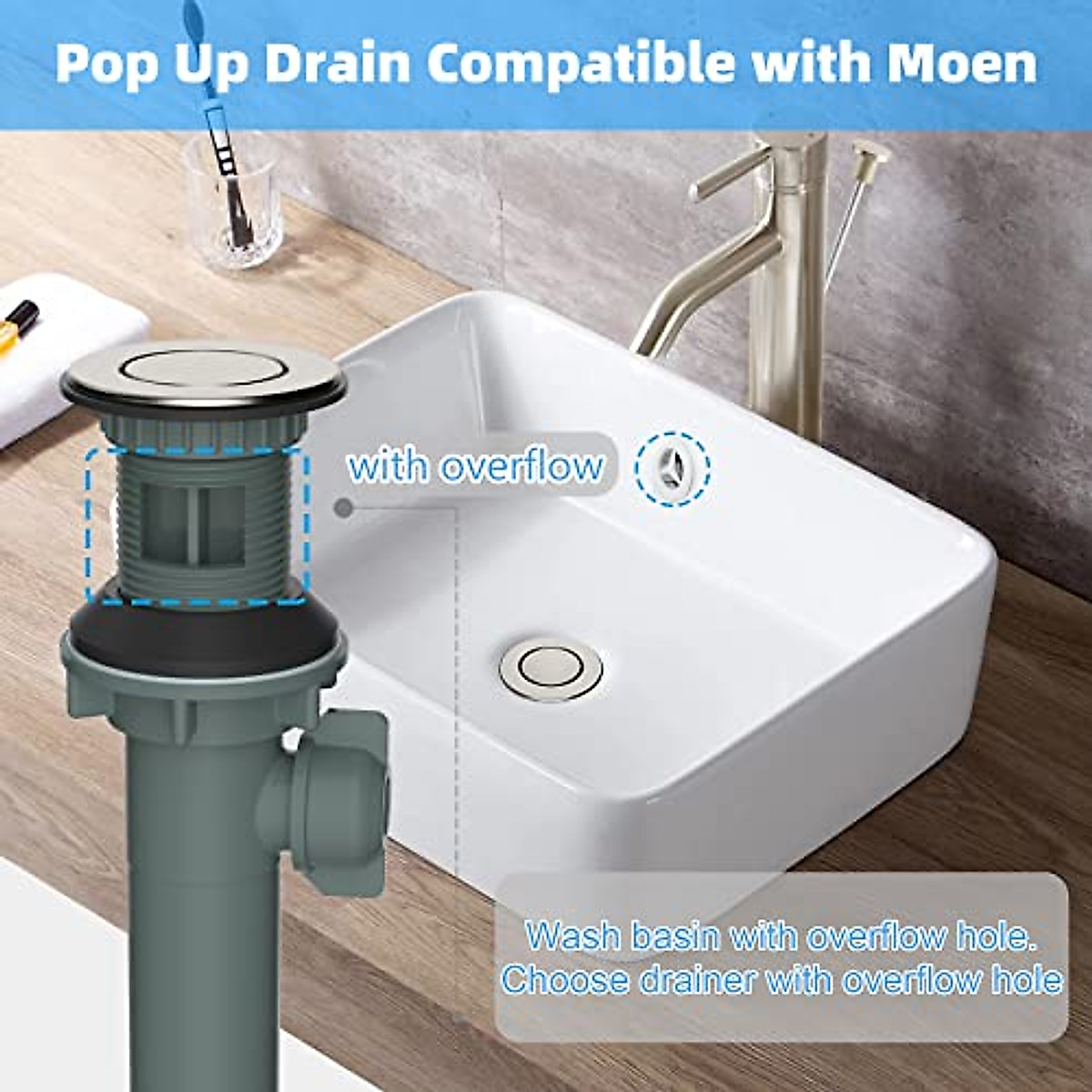 Bathroom Sink Drain with Overflow, Push and Seal Pop Up Drain Stopper Lift Rod, 2 Pack Bathroom Lavatory Vanity Vessel Drain Compatible with Moen, American Standard,Universal Drain Hole,Brushed Nickel