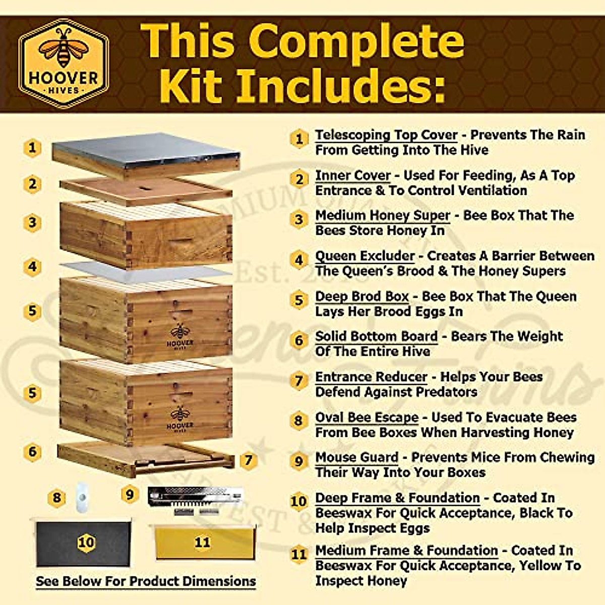 Hoover Hives 8 Frame Beehive Kit - Dipped in 100% Beeswax Includes Wooden Frames & Waxed Foundations (2 Deep Boxes, 1 Medium Box)