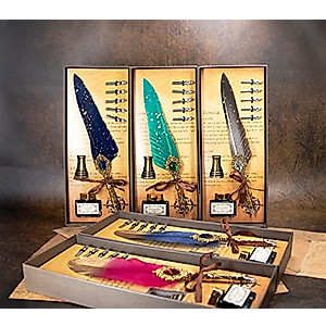 Jubapoz Feather Pen Calligraphy Pen and Ink Set Antique Platinum Quill Pens with Ink for Writing, Drawing, Signature, Wedding, Birthday Gifts, Retro Decor (Navy Blue+Golden)