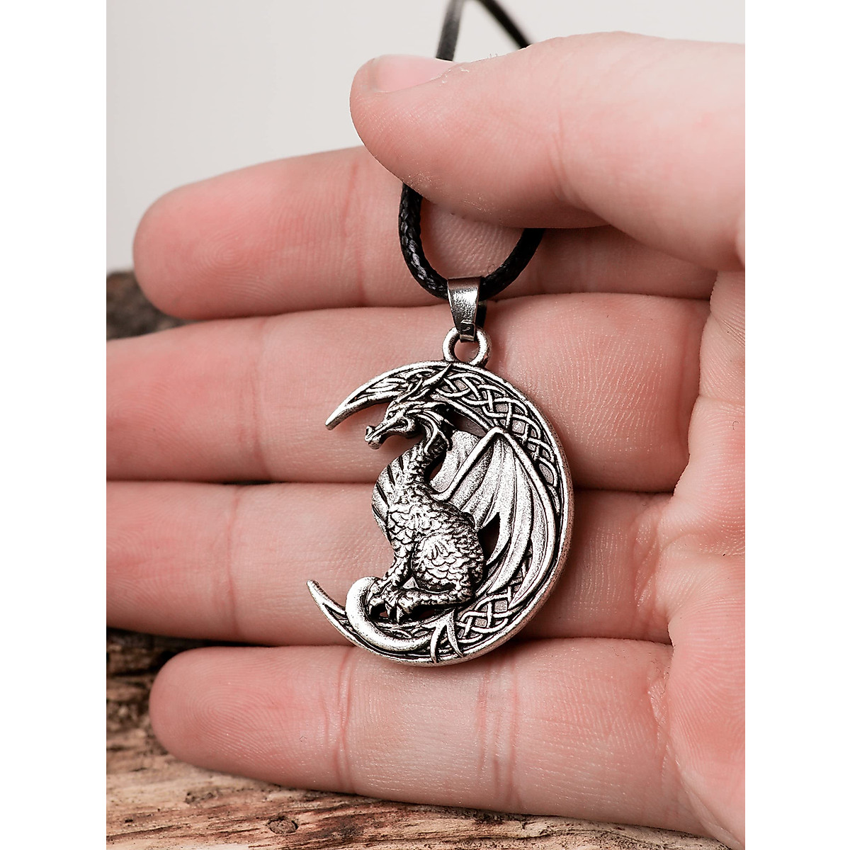 HAQUIL Dragon Necklace for Men, Celtic Dragon on Crescent Moon Pendant, Faux Leather Cord, Dragon Jewelry Gift