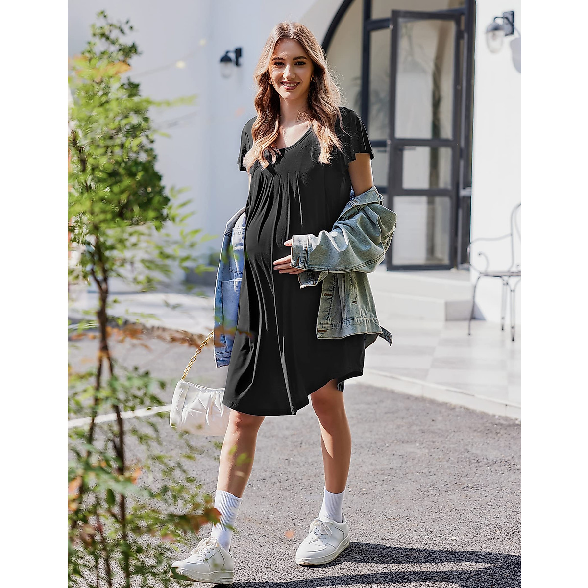 Ekouaer Nursing Nightown Labor and Delivery Gown for Hospital Pleated Breastfeeding Dress for Women Short Sleeve Maternity Sleepwear Black M