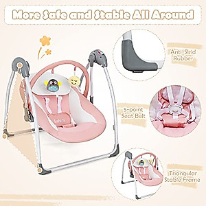 INFANS Baby Swing for Infants, Compact Portable Baby Electric Rocker for Newborn with 5 Speed Natural Sway Music Timing 2 Toys Remote Control, Easy Fold, 0-6 Months Boy Girl (Pink)