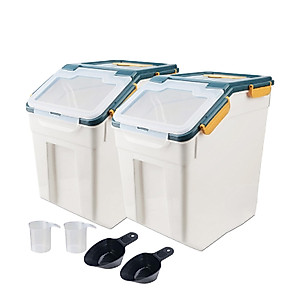 Qiveno 2 Pack Rice Storage Container with Measuring Cup 50 lb Flour Storage Container with Wheels, BPA Free Food Storage Container Dog Cat Food Bin Set for Dry Food Sugar, Cereal(Blue)