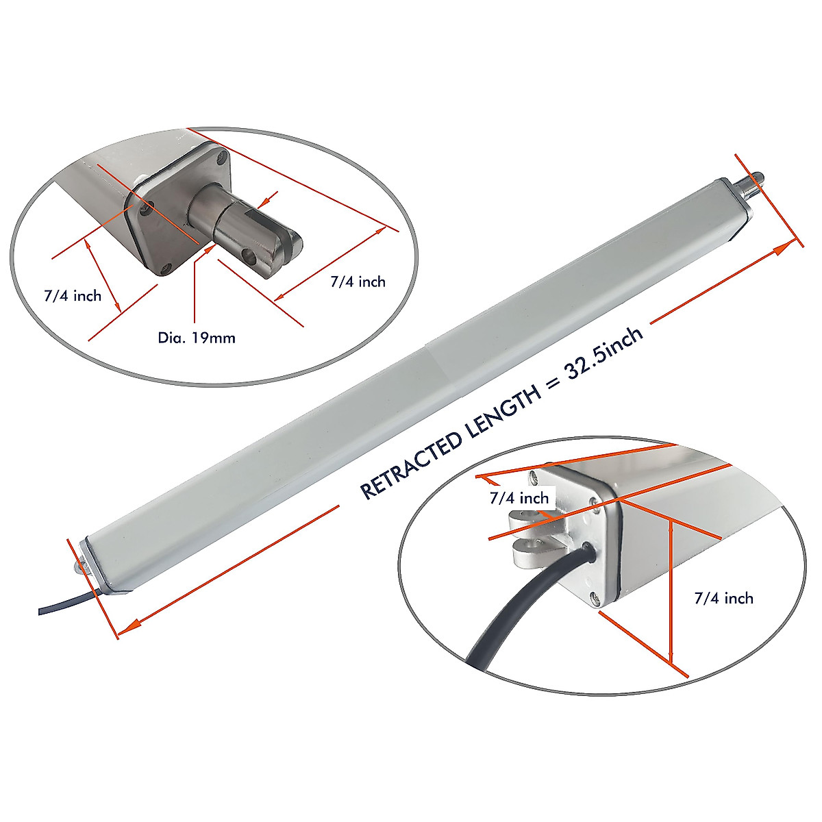 SOViK 12V DC 24 inch Stroke Linear Actuator Electric Cylinder with Mounting Brackets Max Force 150 pounds Speed 3/5" per sec Square Tube 7/4"(W) x7/4"(H) (Slotted Shaft End)
