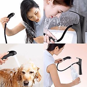 MIAOHUI Matte Black Vessel Sink Faucet, Pull Out Tall Bathroom Faucet, Single Hole Bathroom Sink Faucet with 3 Modes Pull Down Sprayer, One Handle Modern Vanity Faucet, Farmhouse Lavtory Faucet