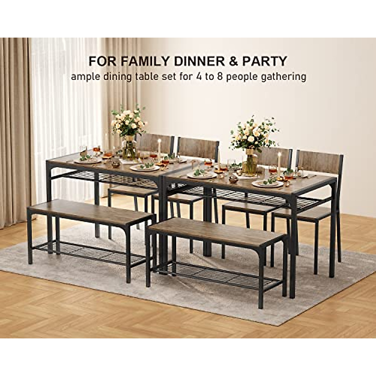 Gizoon Kitchen Table and 2 Chairs for 4 with Bench, 4 Piece Dining Table Set for Small Space, Apartment (Grey)