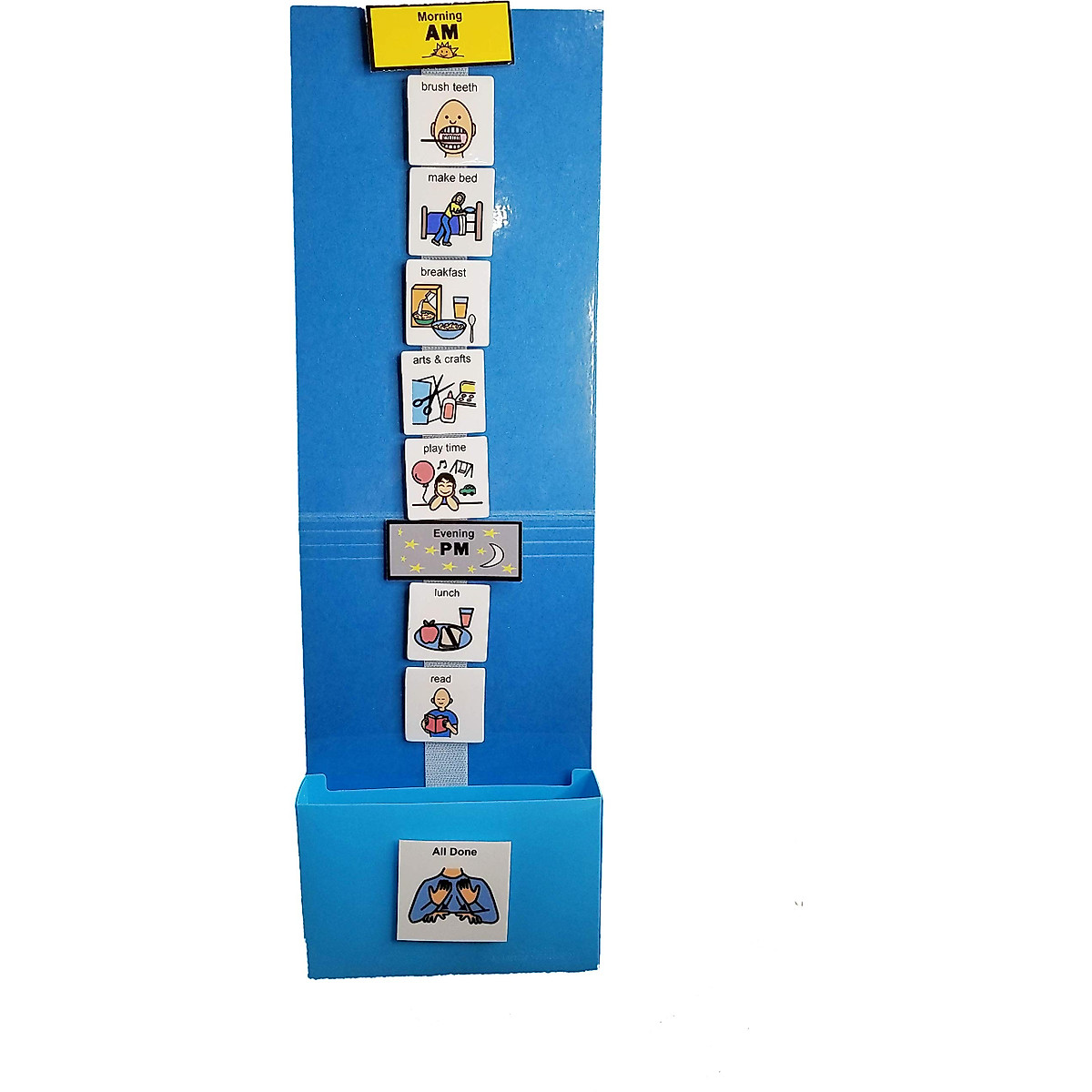 Kids Plastic or Laminated Visual Schedule Calendar Chart for Home, School, Centers, Photo Cards: Chores, Reinforcers, School, Behavior (One Strip Blue Schedule, Laminated/Cartoon 60 Home Cards)