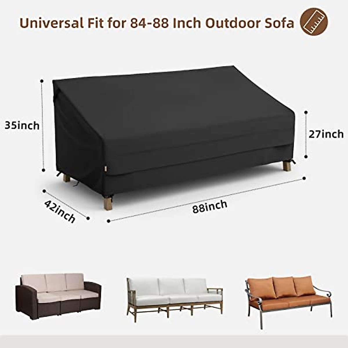 MR. COVER 3-Seater Outdoor Couch Cover Waterproof, 88 Inch Patio Furniture Cover for Sofa, Heavy Duty 600D Polyester & Double-Stitched Seams, Classic Black