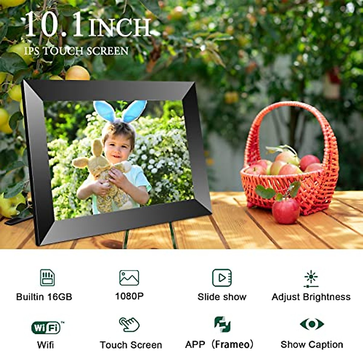 FRAMEO Digital Picture Frame 10.1 Inch, WiFi Digital Photo Frame 1280 * 800 FHD IPS Touch Screen with 16GB Storage, Wall Mountable, Auto-Rotate, Share Photos and Videos via App from Anywhere