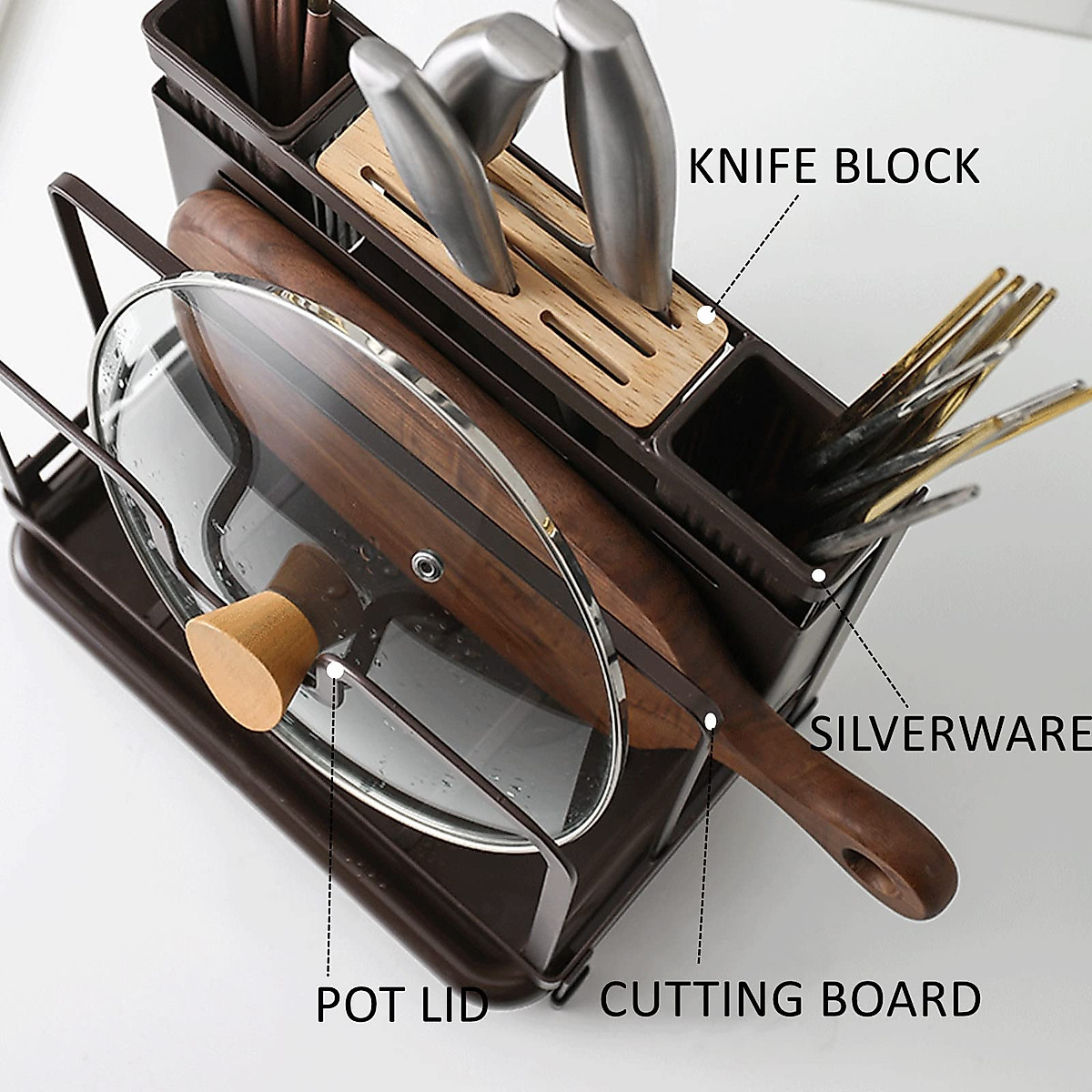 ZOOFOX Cutting Board Holder, 5 in 1 Metal Chopping Board Organizer Pan Pot Cover Lid Rack Stand with Utensil Knife Holder, Kitchen Organizer Rack for Cabinet and Countertop