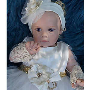 Newborn Baby Girl Lace Dress Set, 4 Pieces Outfit for Special Occasions (US, Age, 0 Months, White, Gold Belt)