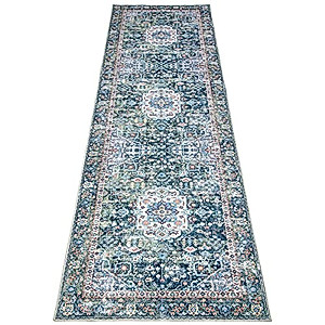 DECOMALL Runner Rug for Hallway Kitchen, Washable Long Rugs Green Multi, Bohemian Vintage Foldable Carpet for Entryway Entrance, 2'6"x9'