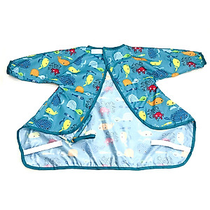 HIVVI Long Sleeve Baby Bib, Attaches to Highchair, Waterproof & Portable (Blue Seaworld)