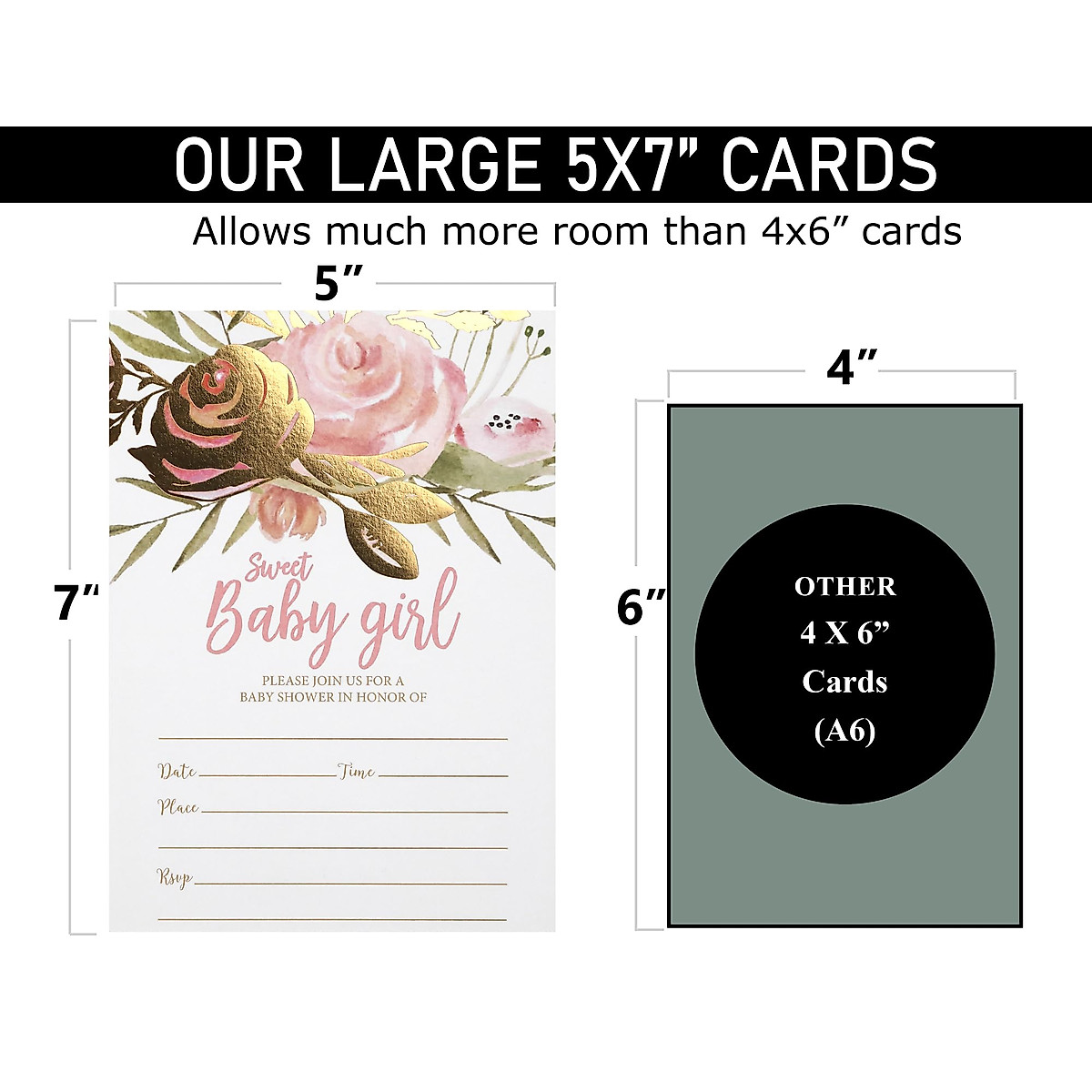 All Ewired Up 50 Baby Shower Invitations, Real Gold Foil Pink Blush Sweet Baby Girl Shower Invites and Envelopes (Large Size 5x7) Floral Roses Greenery Stunning Design