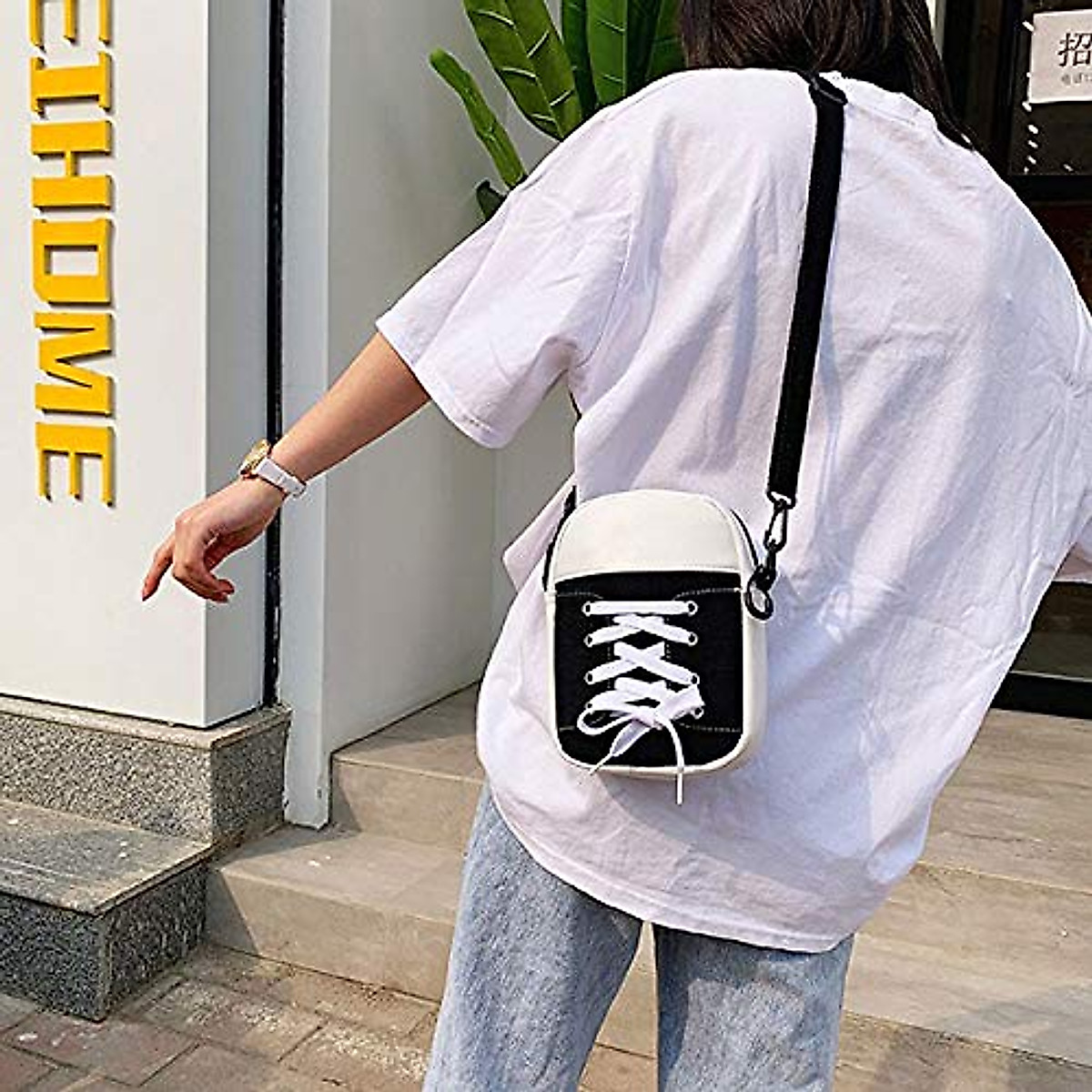 Rebecca Crossbody Bags for Women Girls Lace Up Canvas Shoulder Bag School Travel Students Bag (Black)