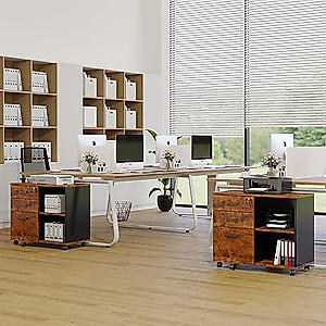 Wood File Cabinet, 3 Drawer Mobile Lateral Filing Cabinet On Wheels, Printer Stand with Open Storage Shelves for Home Office (Wood)