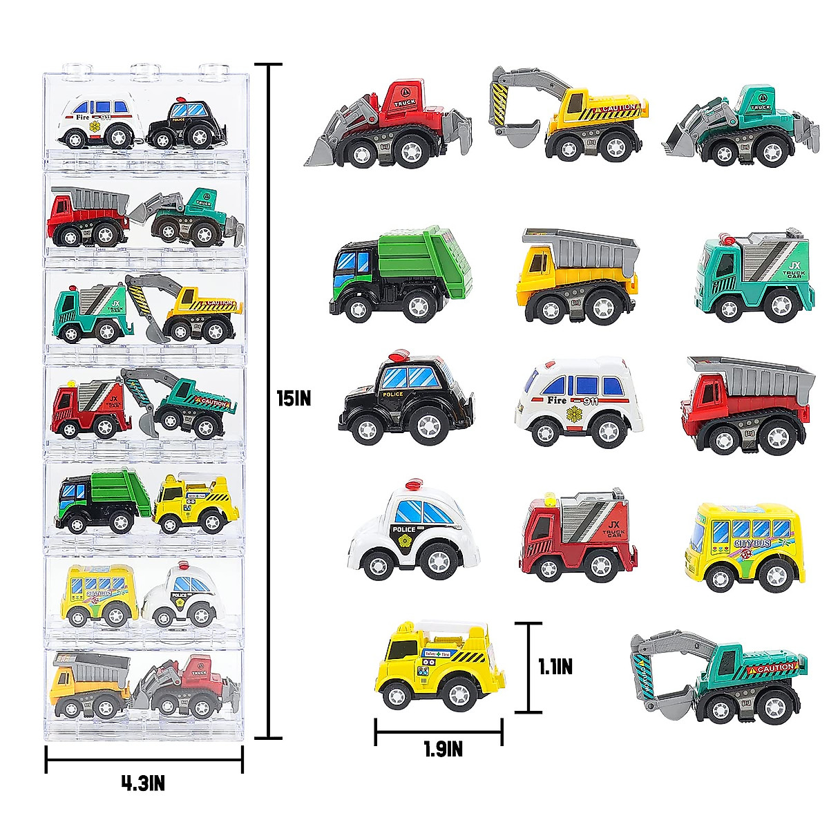jerryvon 14 Mini Cars & 7 Acrylic Display Boxes Construction Pull Back Vehicle Toys for 3 4 5 Year Old Toddlers Boys Kids Trucks Tractor Bulldozer Party Favors Supplies Birthday Gift