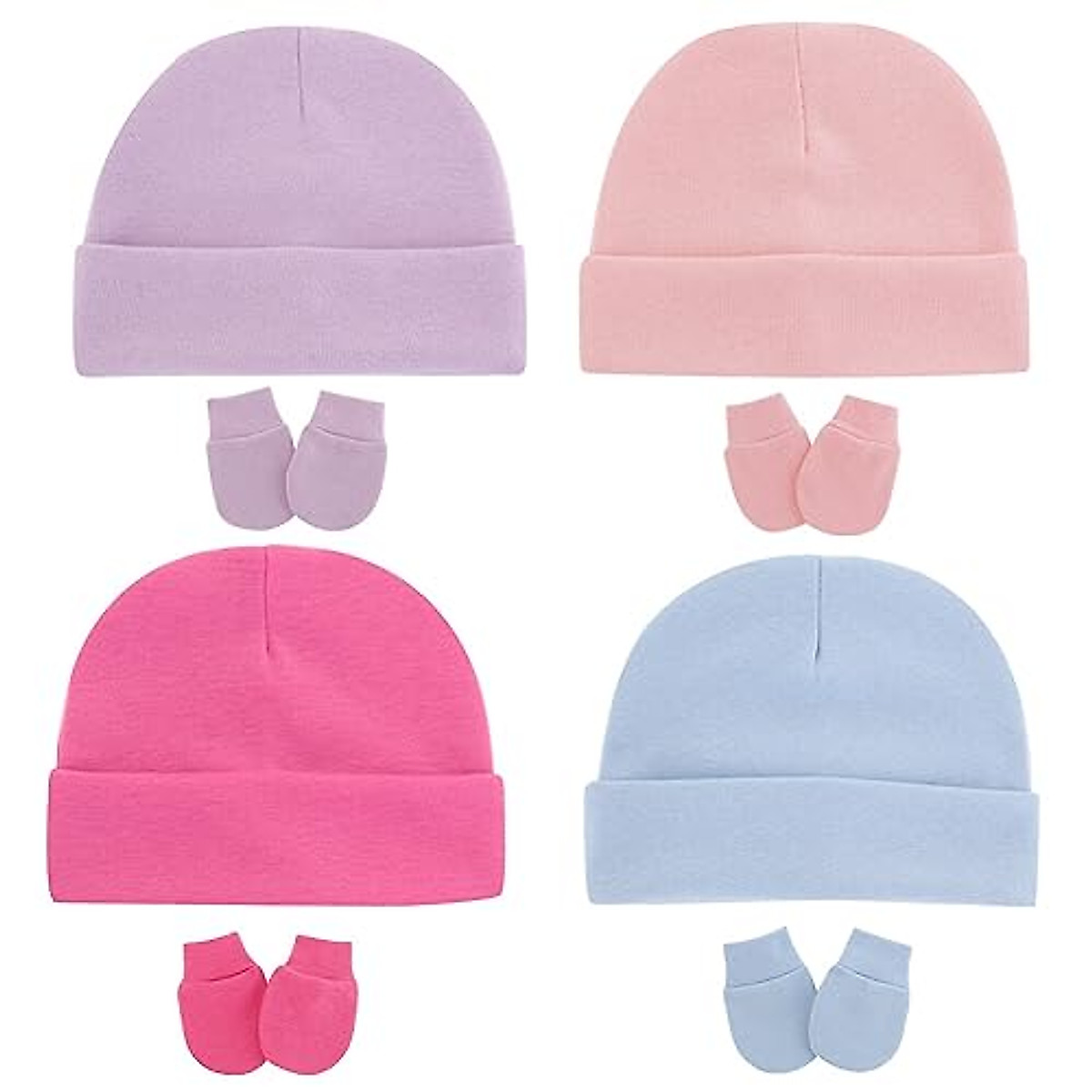 4 Sets Newborn Baby Caps Mittens Sleeping Hat and Gloves Beanie Infant Hats with Bow Baby Scratch Mitten Gloves for Boys Girls, Type 4