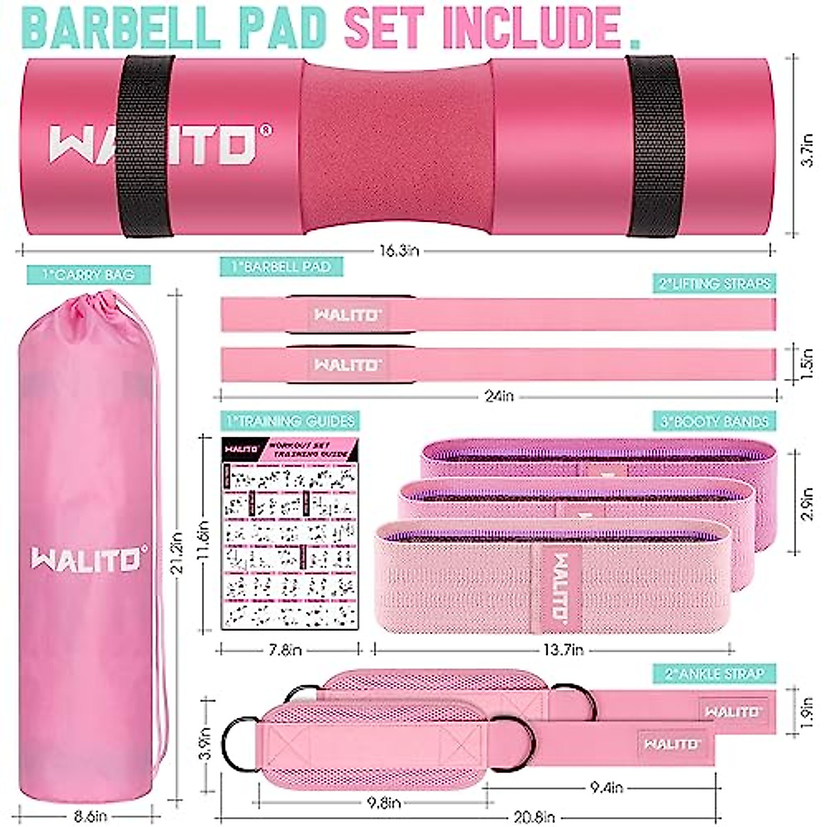 WALITO 10Pcs Barbell Pad Set for Hip Thrust - Squat Pad for Barbell Lunges, Bench Press, with 2 Gym Ankle Straps, 3 Resistance Bands for Working Out, 2 Lifting Strap, Workout Poster, Carry Bag