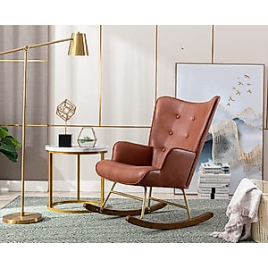 CIMOTA Leather Rocking Chair Nursery, Modern Armchair Tufted Wingback Comfy Rocker Chair with Thick Padded Seat for Nursery/Bedroom/Living Room, Faux Leather Retro Brown