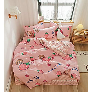 AOJIM Pure Cotton Pink Grids Strawberry Fitted Sheet Queen 60"x80"with 15" Deep Pocket Cute Mattress Cover, Only One Bed Sheet for Girls