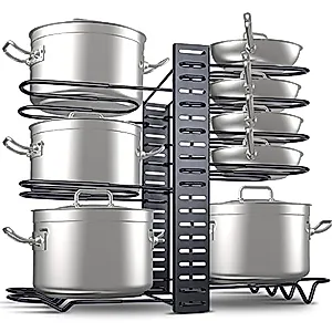 Vikiciy Pots and Pans Organizer for Cabinet, Pot Racks 8 Tiers Adjustable for Kitchen Organization and Storage, Pan Organizer Rack for Cabinet, Pot Organizer, Pot Lid Organizer, Pan Holders, Black