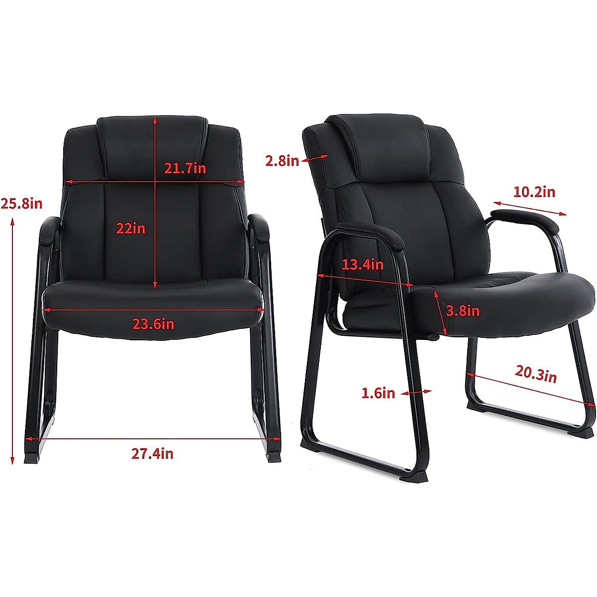CLATINA Big & Tall 400 lb Waiting Room Guest Executive Chair with Bonded Leather Padded Armrest Modern Style with Sled Base and Solid Metal Frame for Office Reception and Conference (Black-B(A))