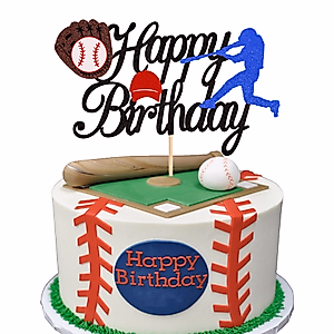 1 PCS BaseBall Happy Birthday Cake Topper Glitter Baseball Player Sports Theme Cake Pick Decorations for Baseball Theme Baby Shower Kids Birthday Party Cake Decorations Supplies