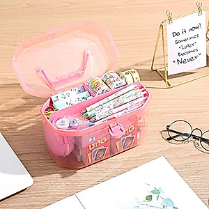 Soziyu 2PCS Art and Craft Storage Box with Removable Tray, Multipurpose Plastic Organizer and Storage Container Case with Handle (9 Inches, Pink)