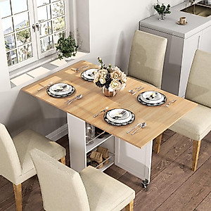 Folding Dining Table, Dinner Table with Drawer and Storage and Shelves, Space Saving Dining Table with 6 Wheels, Kitchen Table for Small Spaces (Light Brown)