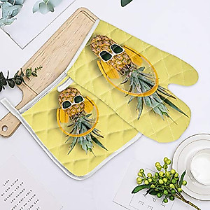 Set of Oven Mitt and Pot Holder,Pineapple Sunglasses Music Mini Oven Gloves and Hot Pads Yellow Funny Tropical Fruit Heat Resistant Kitchen Decor for Cooking BBQ Baking