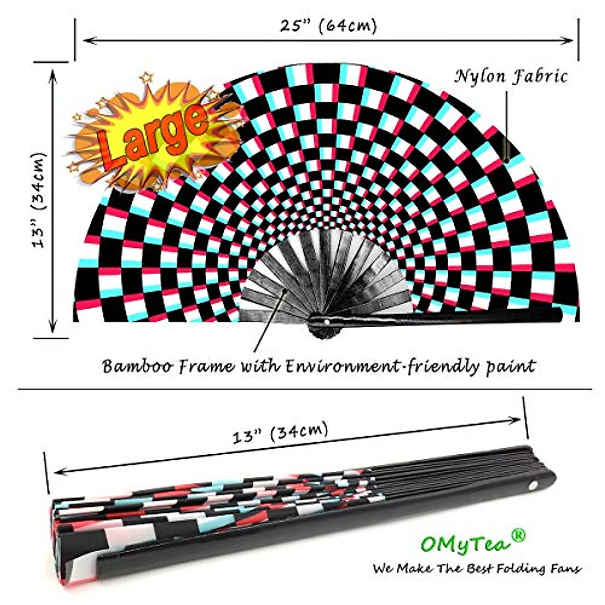 OMyTea Large Rave Clack Folding Hand Fan for Men/Women - Chinese Japanese Bamboo Handheld Fan - for EDM, Music Festival, Club, Event, Party, Dance, Performance, Decoration, Gift (Illusion Checkered)