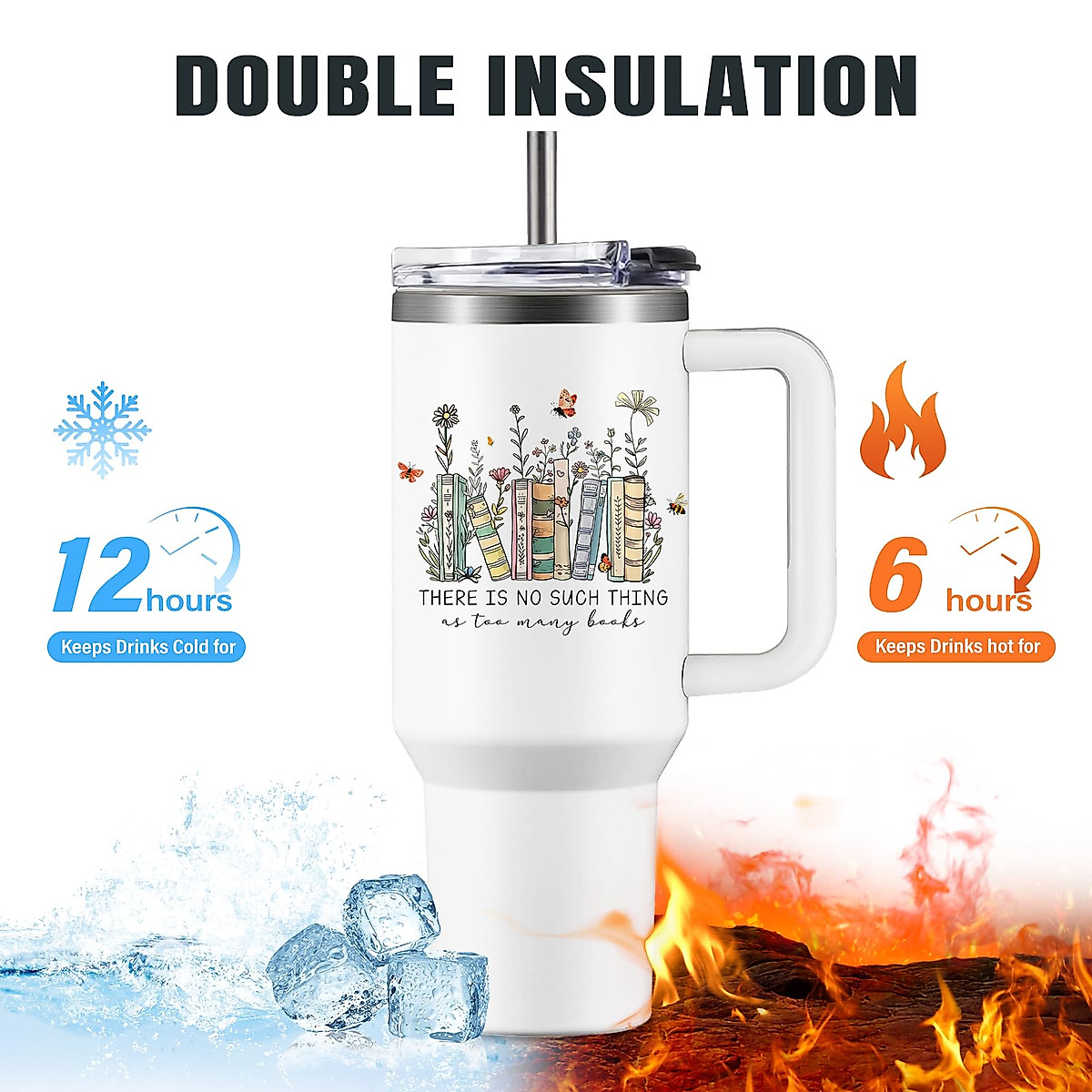 HYMONA Book Lover Gifts for Women - 40 Oz Book Lovers Coffee Tumbler with Handle - Book Cups, Birthday Gifts for Book Lovers Women/Readers Gifts, Librarian/Bookish/Book Club/Bookworm/Reading Gift