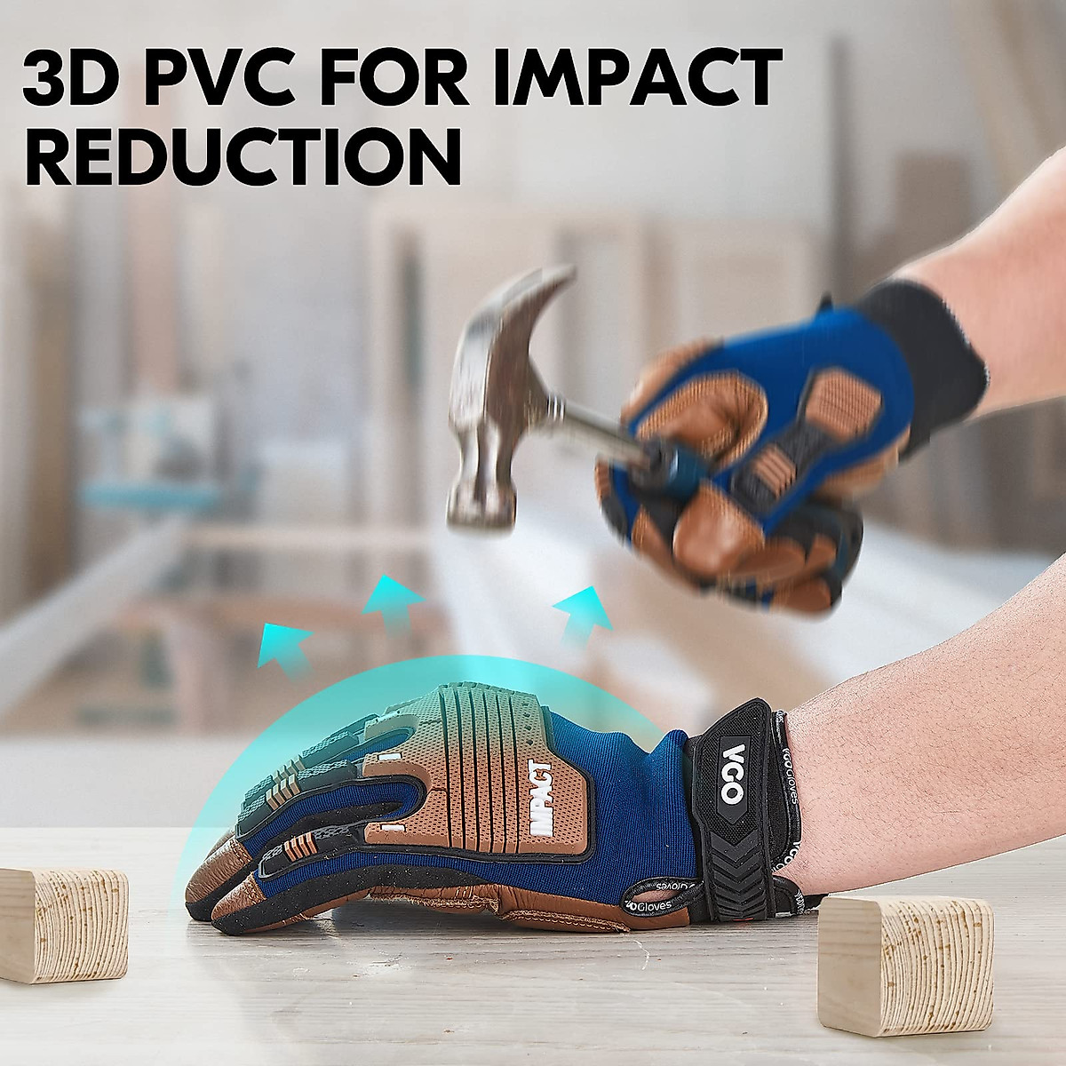 Vgo...…1Pair Leather Heavy Duty Work Gloves,Mechanics Gloves,Impact Resistant, Anti-Vibration, Water-repellent (L,Blue,CA7725)