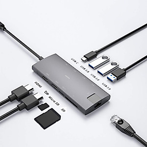 USB C Hub, 9 in 1 USB C Adapter with 4K HDMI, RJ45 Gigabit Ethernet Port, Mini DP DisplayPort, 3 USB 3.0 Ports, SD/Micro SD Card Reader, Type C PD, for MacBook PRO/Air, iPad PRO and More