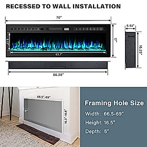 70 Inch Electric Fireplace Inserts, Wall Mounted Fireplace, Led Fireplace with Logs, Recessed Electric Fireplace with Remote Control, Linear Fireplace, 9 Multi Color Flames, 750/1500W
